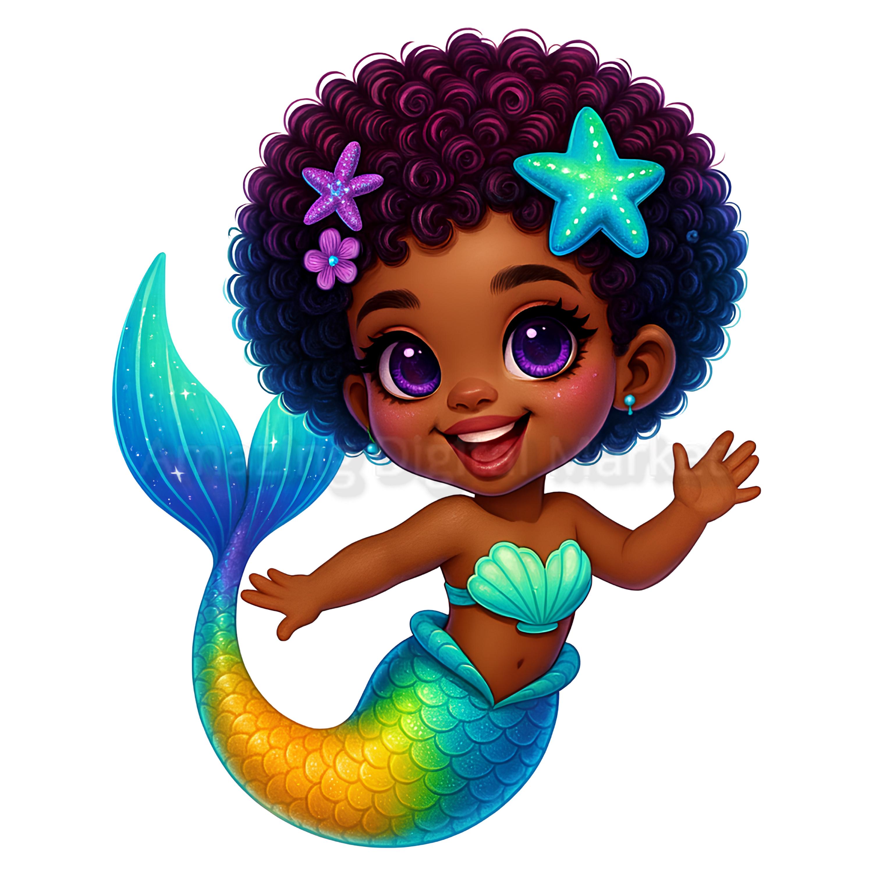 Cute Black Mermaid Clipart Bundle, Afro Mermaid Girl 12 PNG, Colorful ...