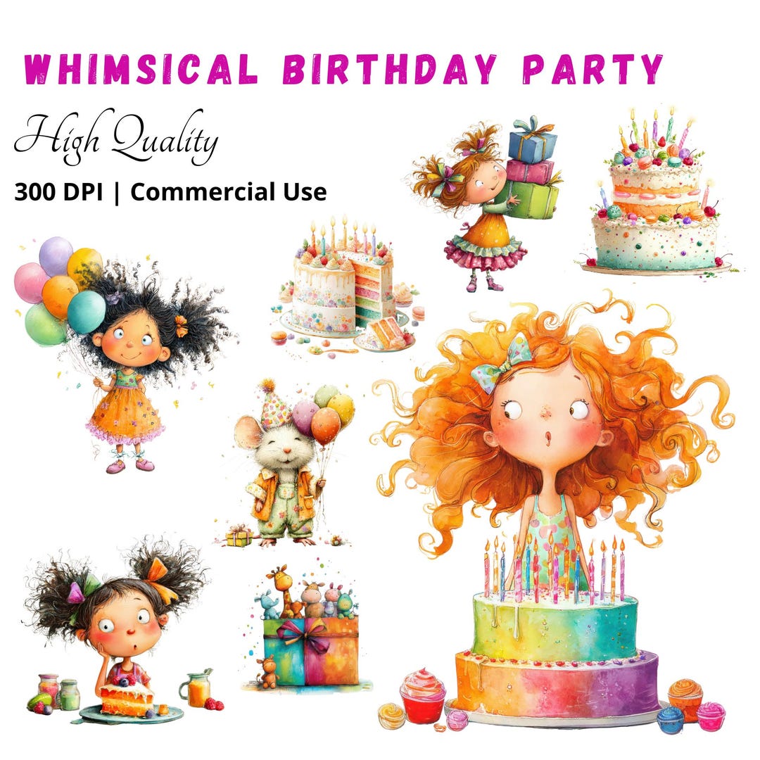 Watercolor Birthday Clipart, 18 JPEG, Whimsical Girls, Cake, Balloons ...