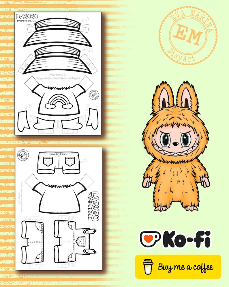 Labubu – Printable Paper Doll Coloring Page | Digital Cut-out Toy | 6 ...