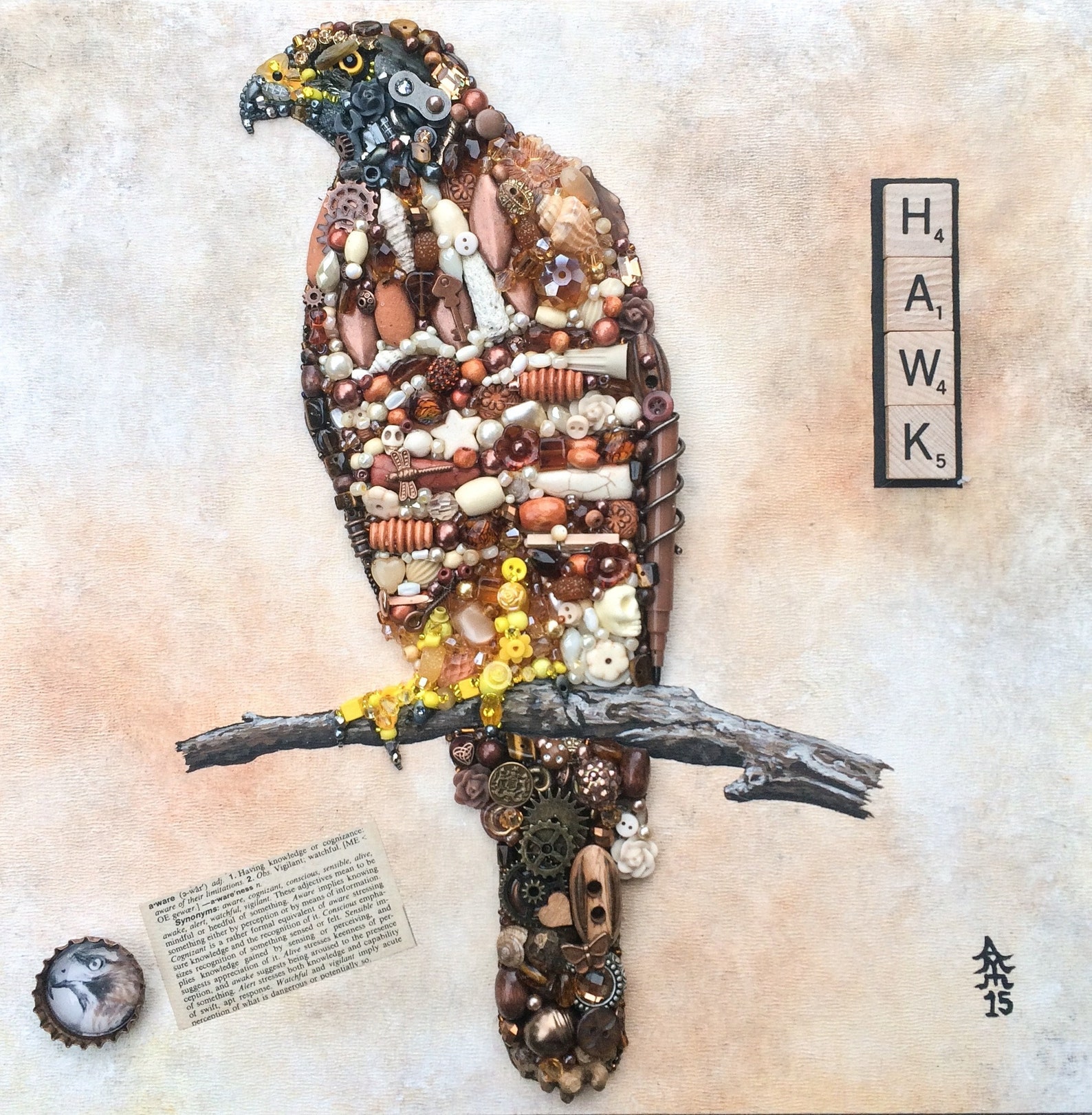 Hawk Beaded Assemblage Art - Jewelry Wall Art - Collage - Animal Art ...