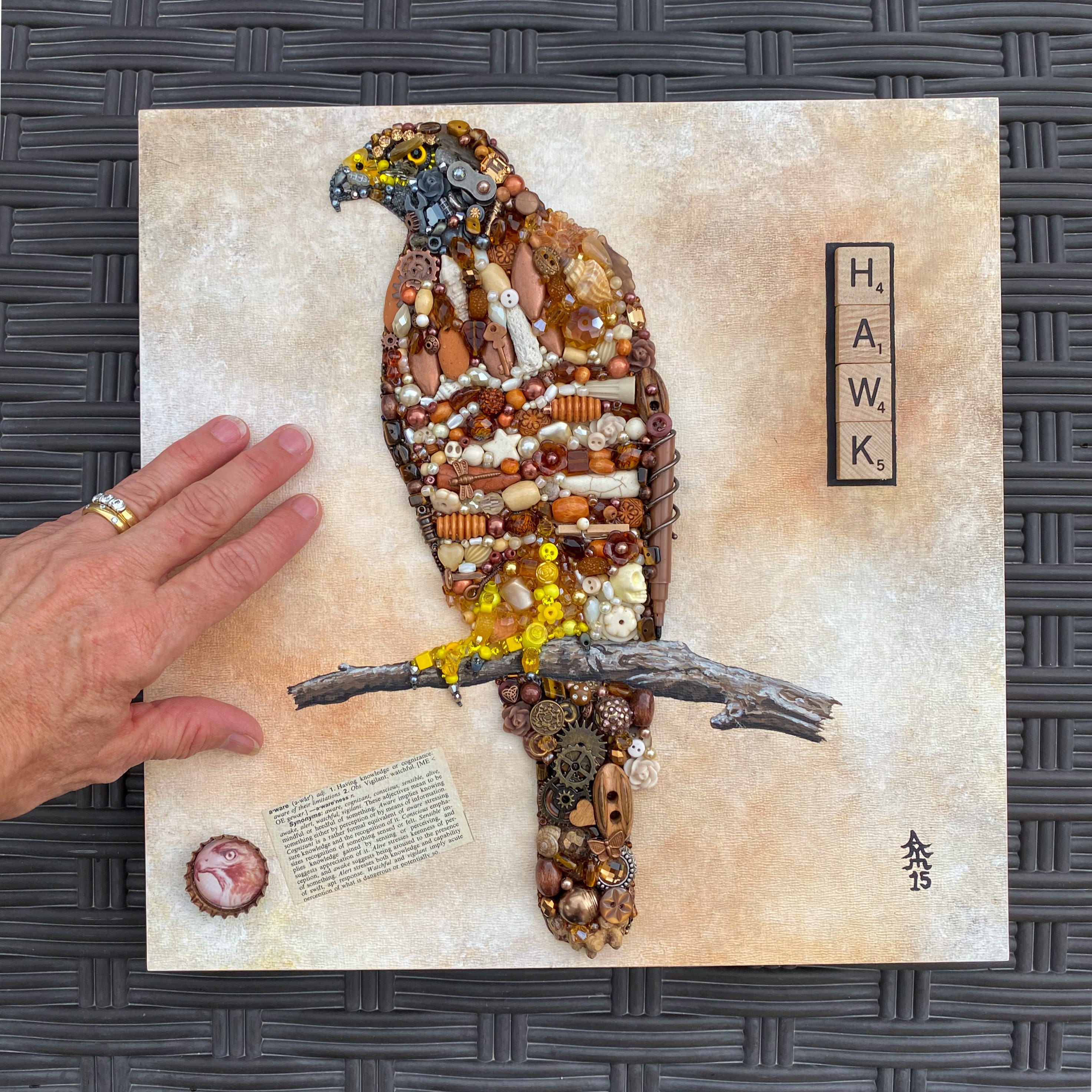 Hawk Beaded Assemblage Art - Jewelry Wall Art - Collage - Animal Art ...