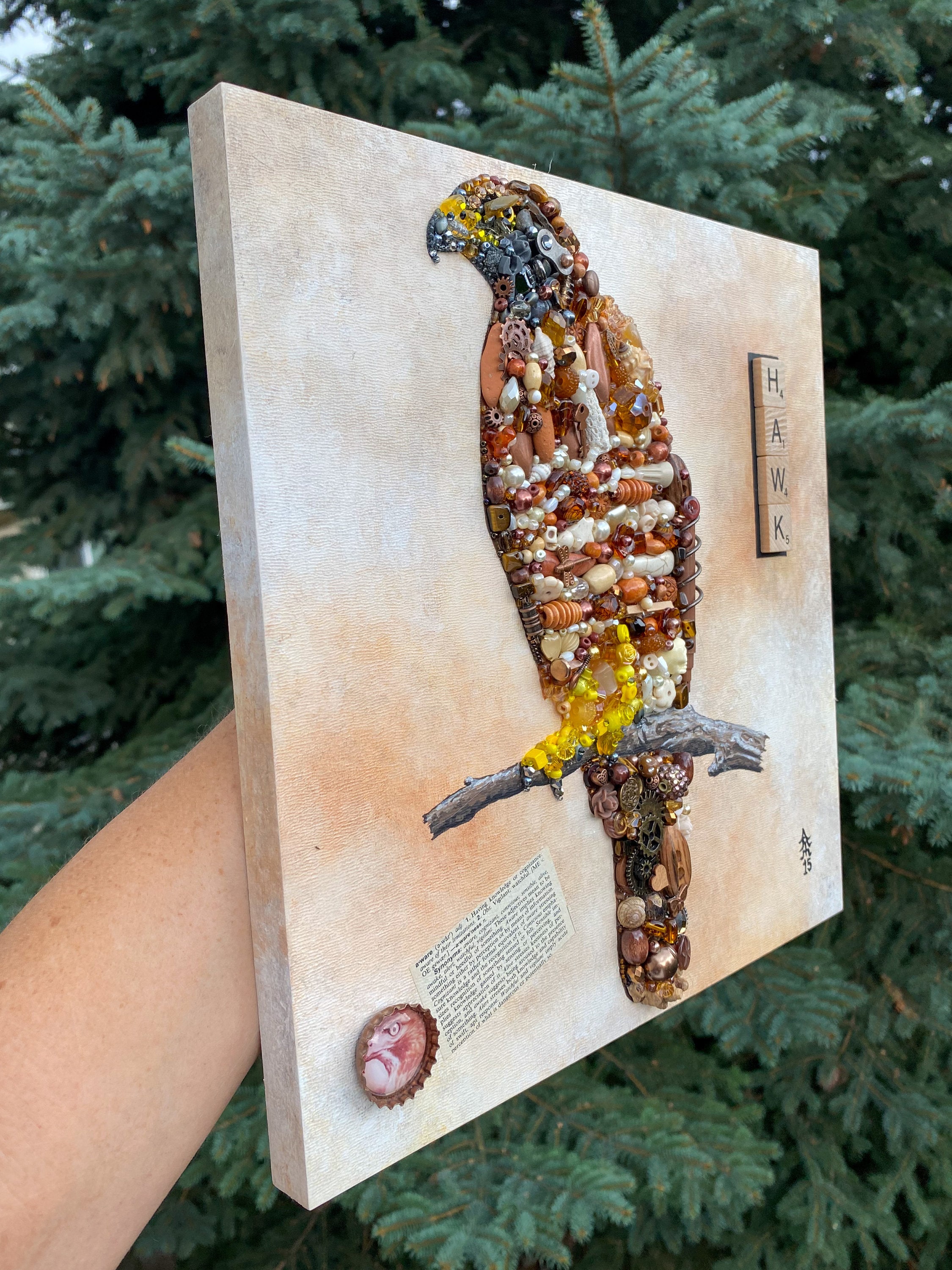 Hawk Beaded Assemblage Art - Jewelry Wall Art - Collage - Animal Art ...