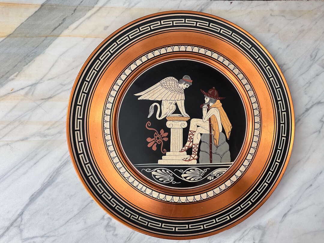 Greek Copper Plate Oedipus Rex and the Sphinx Riddle Souvenir Painted ...
