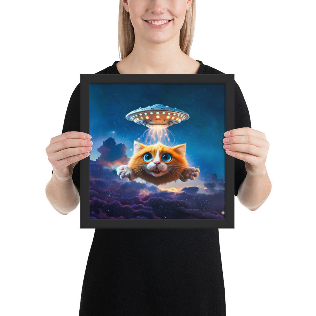 Orange Cat UFO Ride Framed Poster: Funny Sci-fi Art Gift - Etsy
