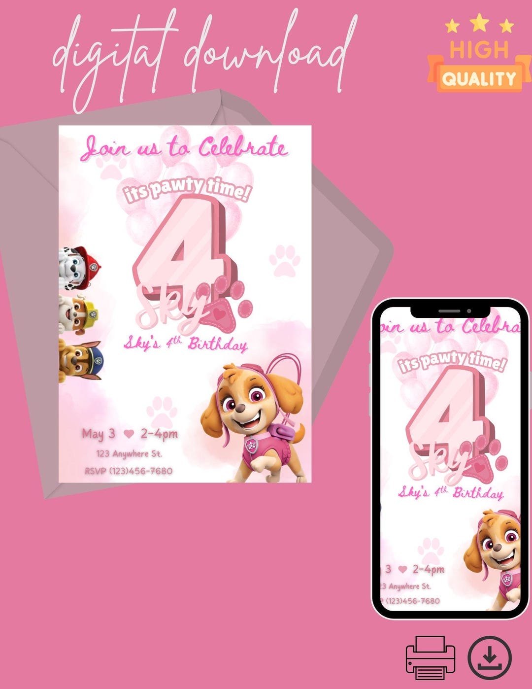 Pink Skye Paw Patrol Birthday Invitation • Girl Puppy Party (digital ...