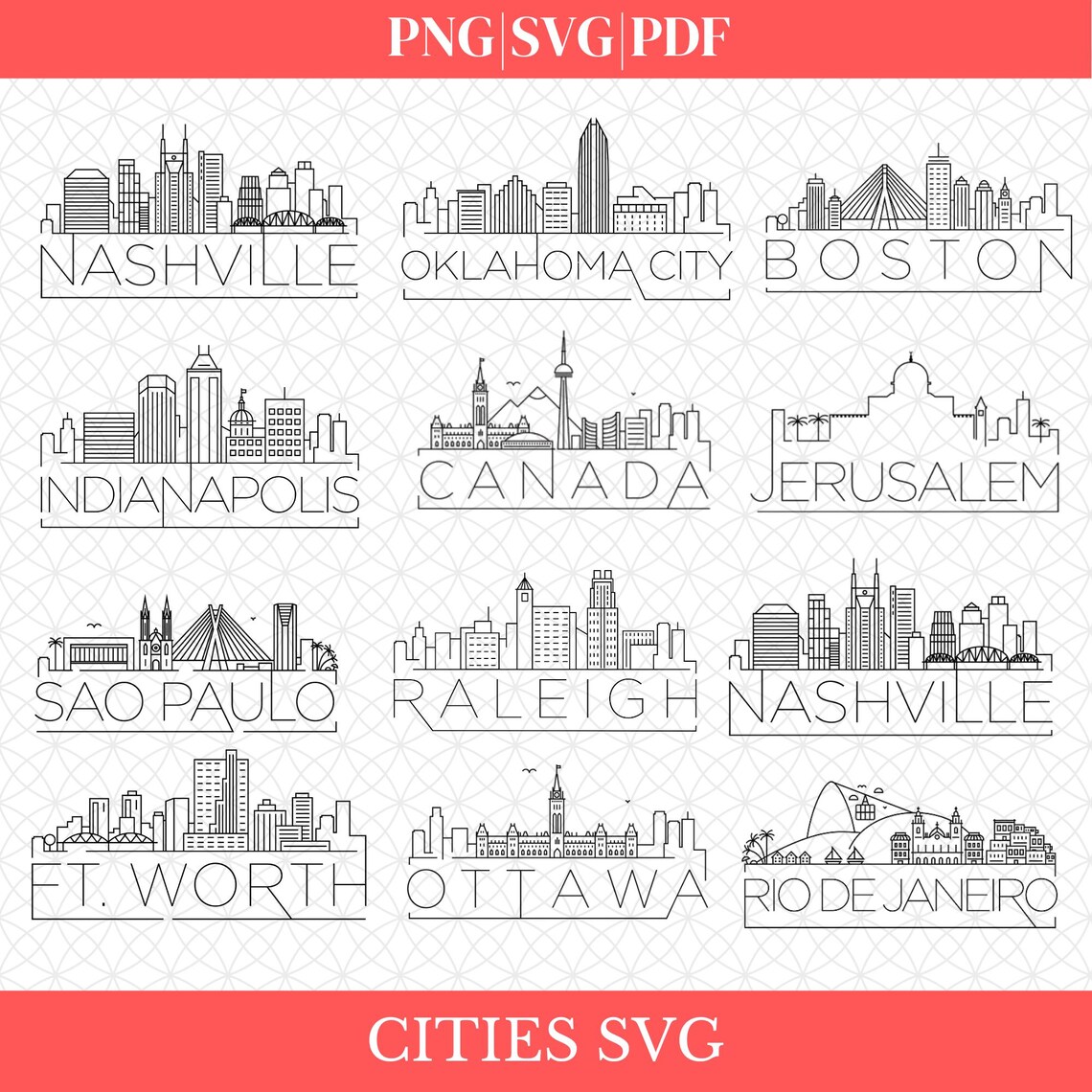 World Cities SVG Bundle – Famous Skyline Clipart, Travel City Line Art ...