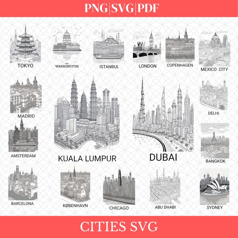 World Cities SVG Bundle – Famous Skyline Clipart, Travel City Line Art ...