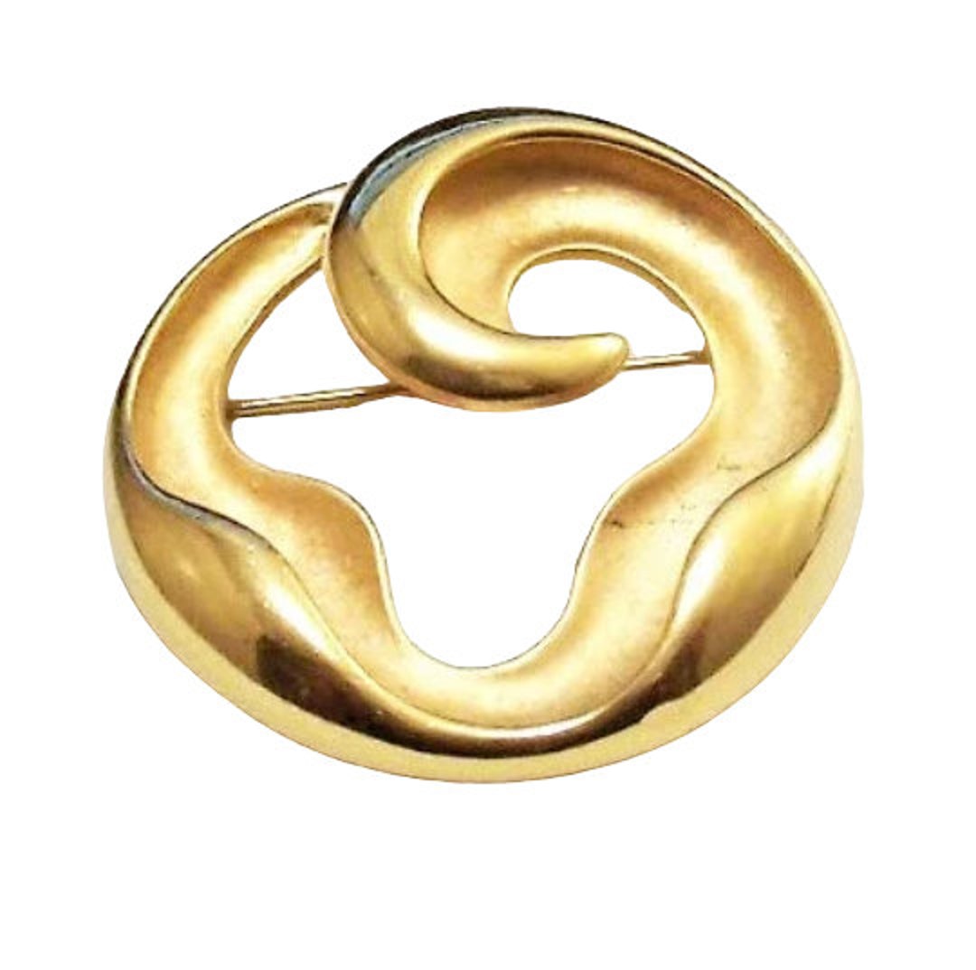 Modern Contemporary Swirl Wave Pin Brooch Gold Tone Vintage Satin Brush ...