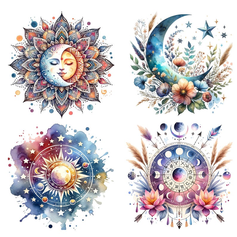 Celestial Boho Clipart Bundle, Moon Stars PNG Files, 300 DPI Digital ...