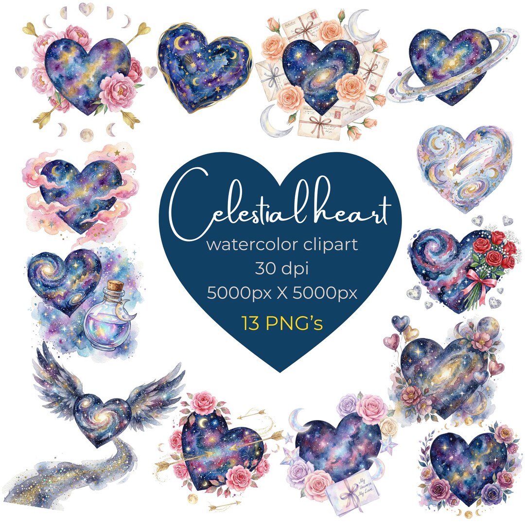 Celestial Heart Watercolor Clipart, Galaxy Hearts Digital Art, Starry ...