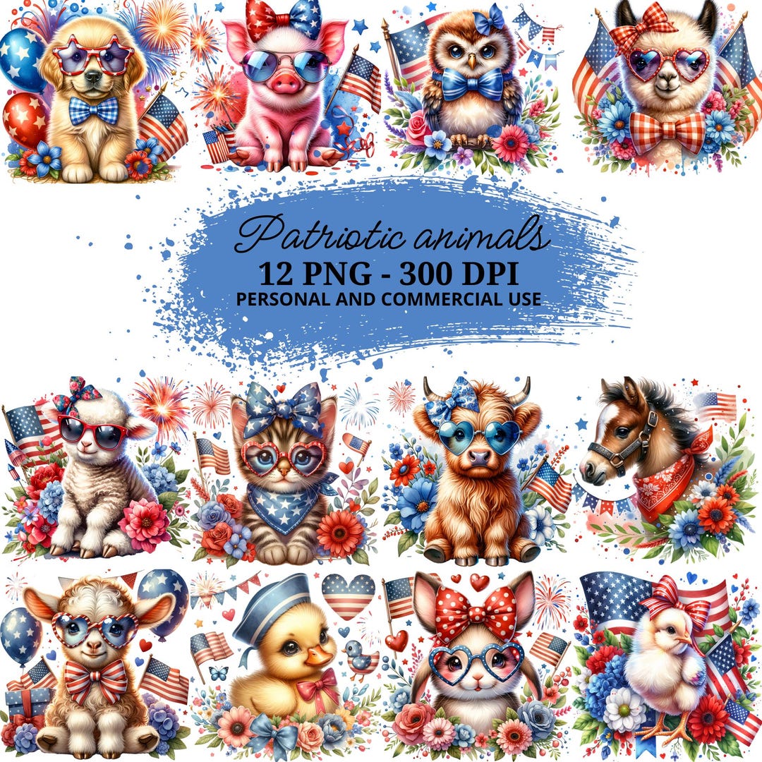 Patriotic Animals Clipart, 4th of July PNG, USA Flag, Dog Pig Owl Llama ...