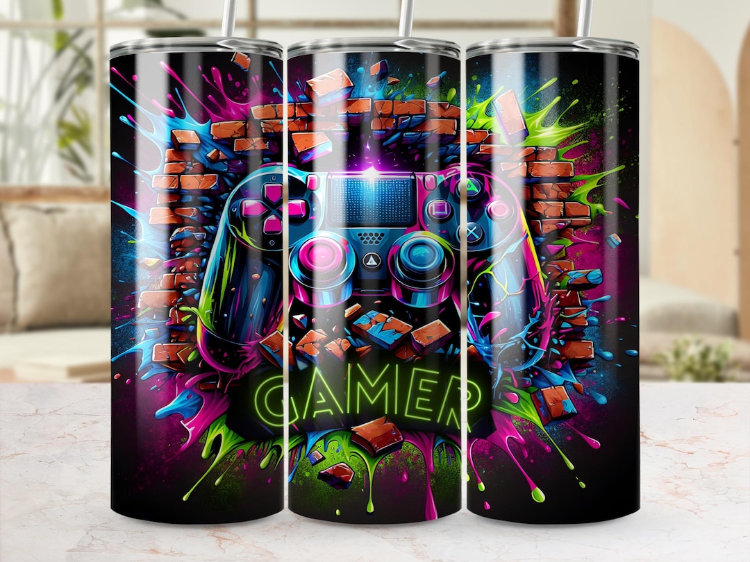 Gamer Controller 20 Oz Tumbler Wrap, Neon Splatter, Video Game Lover ...