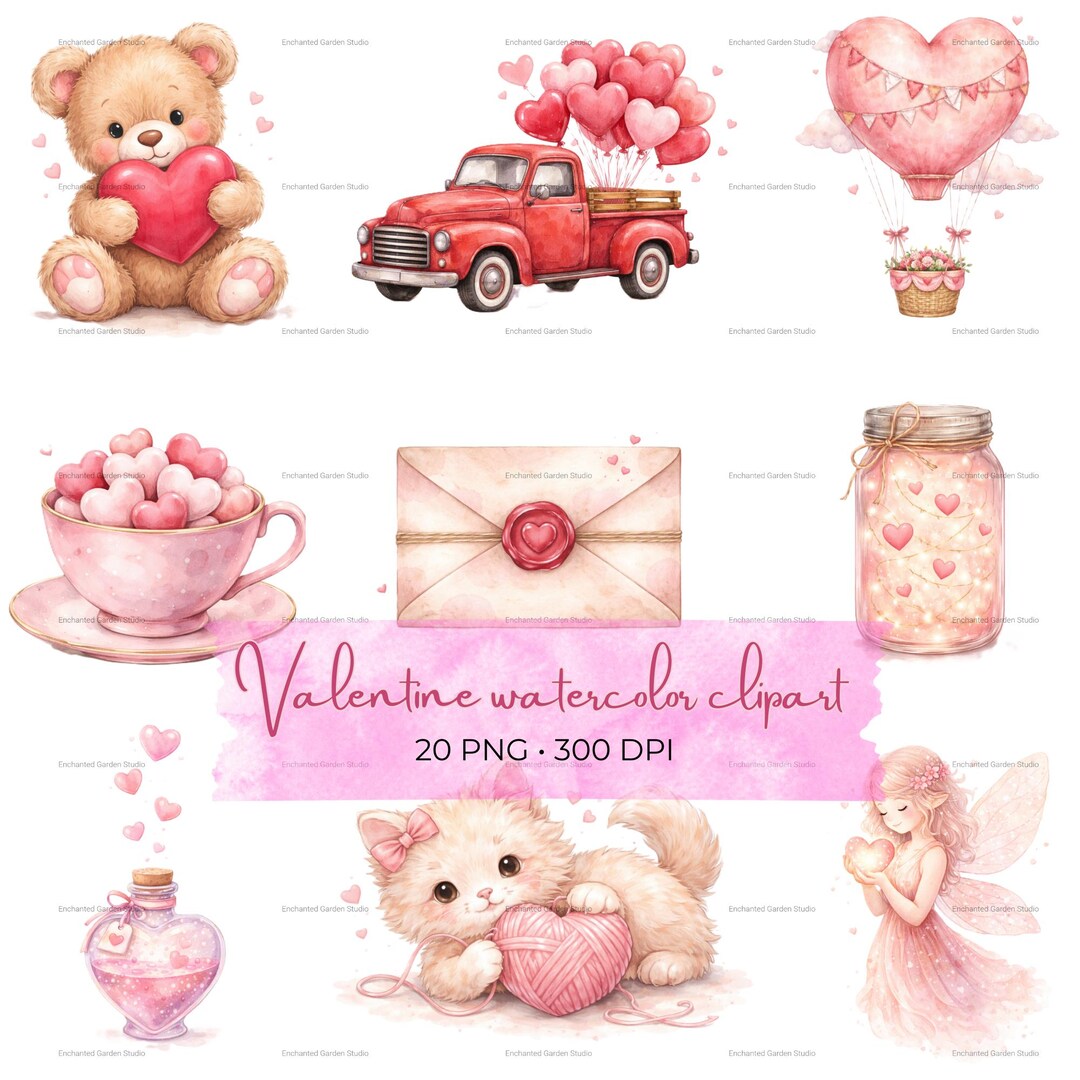 Valentine Watercolor Clipart Bundle | Romantic Pink Heart Illustrations ...