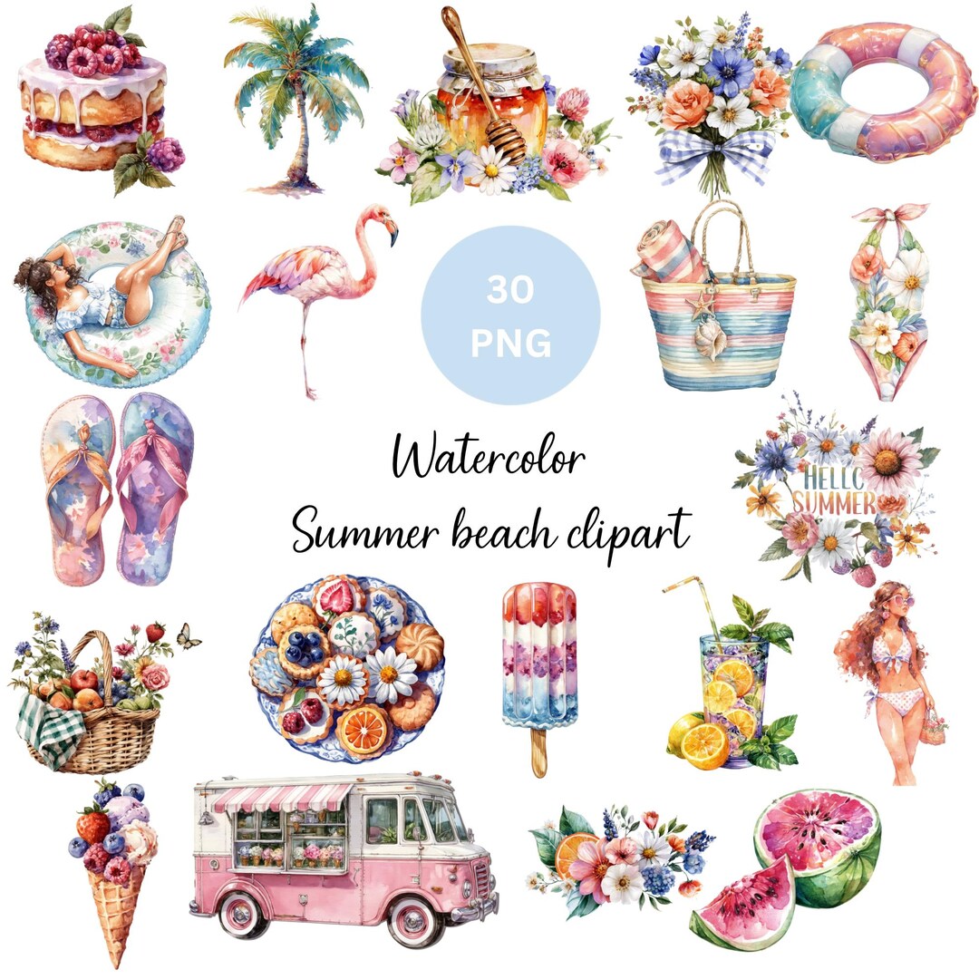 Watercolor Summer Beach Clipart Bundle | Tropical Vacation Graphics PNG ...