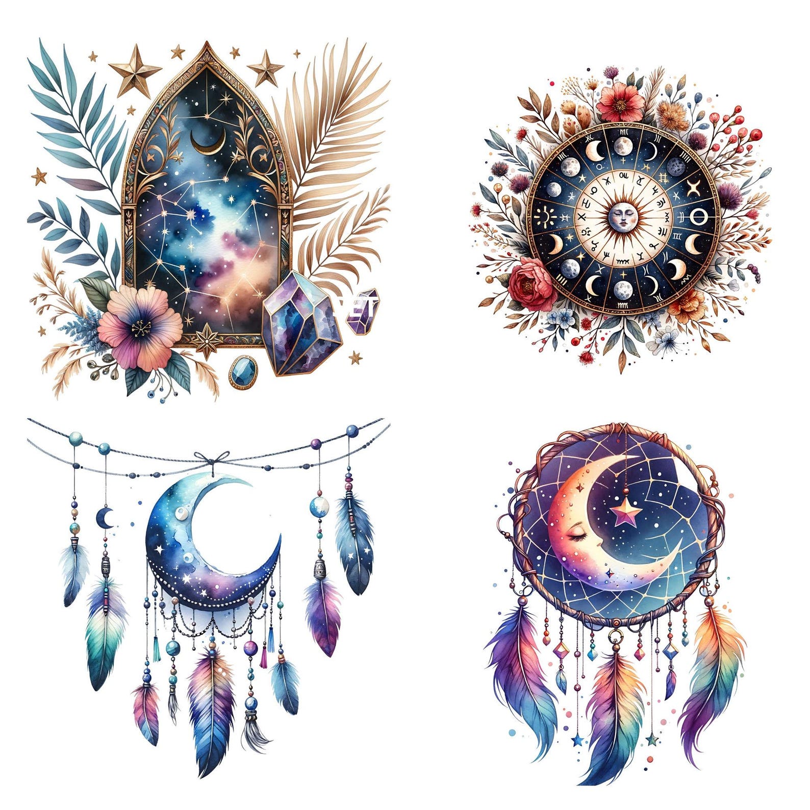 Celestial Boho Clipart Bundle, Moon Stars PNG Files, 300 DPI Digital ...
