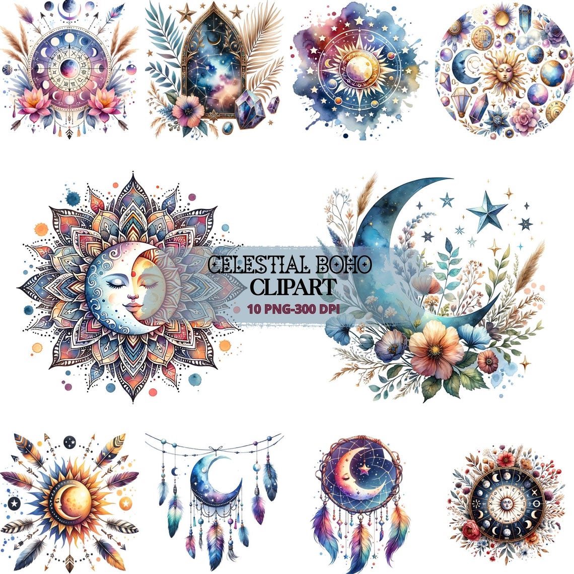 Celestial Boho Clipart Bundle, Moon Stars PNG Files, 300 DPI Digital ...