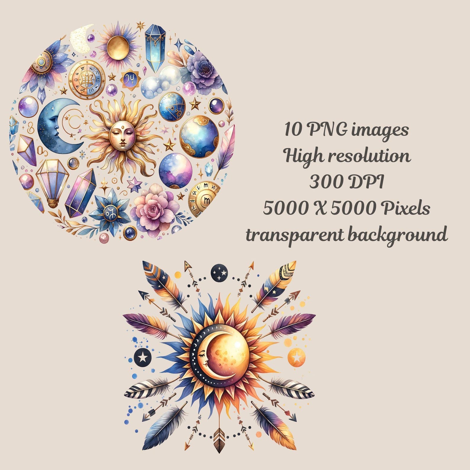 Celestial Boho Clipart Bundle, Moon Stars PNG Files, 300 DPI Digital ...