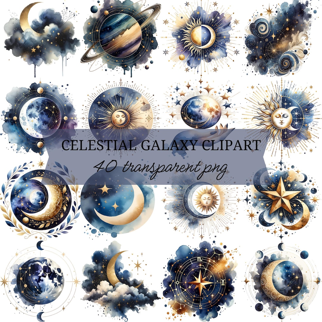 Watercolor Moon Stars Clipart, 40 Celestial Galaxy Night Sky Graphics ...
