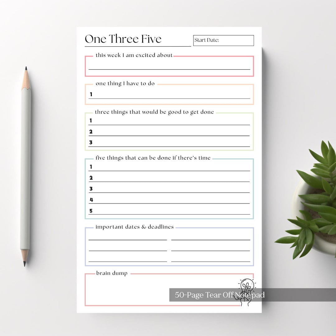 One Three Five Daily or Weekly Planner Notepad: A5 50 Page Tear off ...