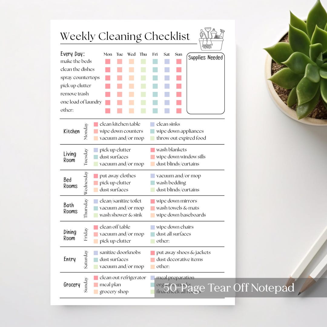 A5 Weekly Cleaning Checklist Notepad: 50-page Daily To-do List Planner ...
