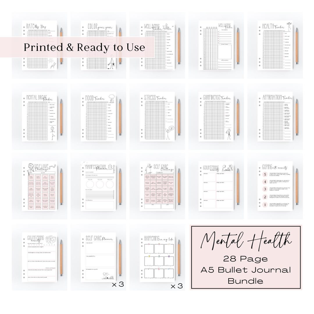 Mental Health Bullet Journal Page Bundle, Printed Emotional Health A5 ...