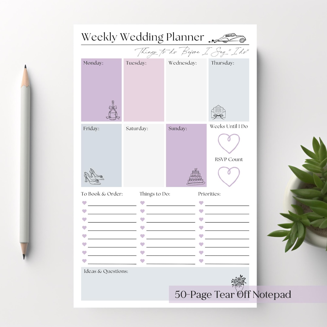 A5 Weekly Wedding Planner Notepad for Bride: 50-page Daily To-do List ...