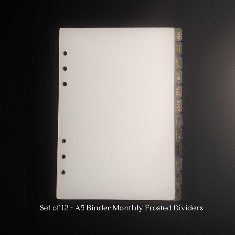 Set of 12 Month Gold Embossed Frosted Tab Dividers for A5 6 Ring Binder ...