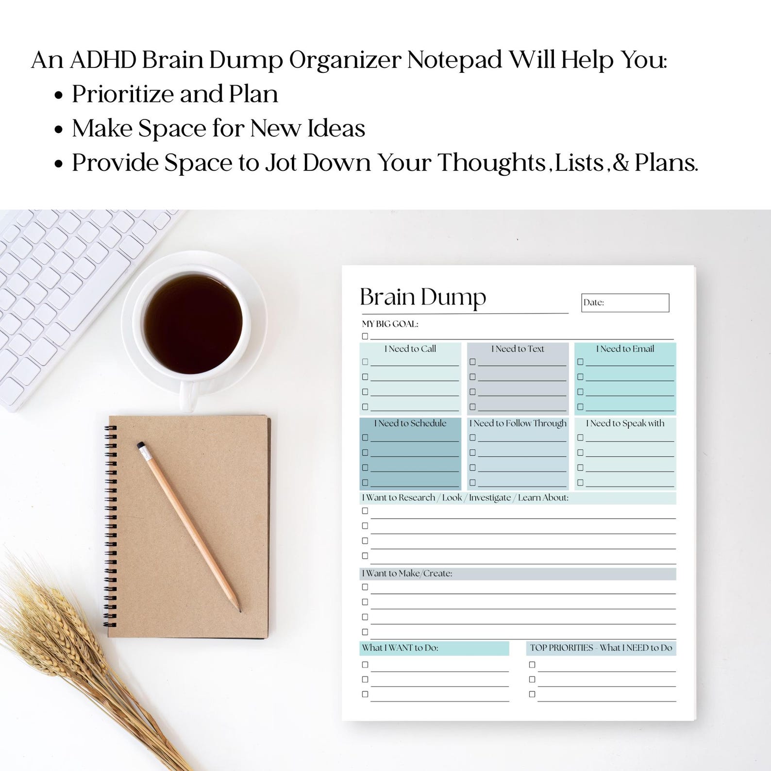 Brain Dump and To-do List Notepad, 50 Page ADHD Planner, Daily to Do ...