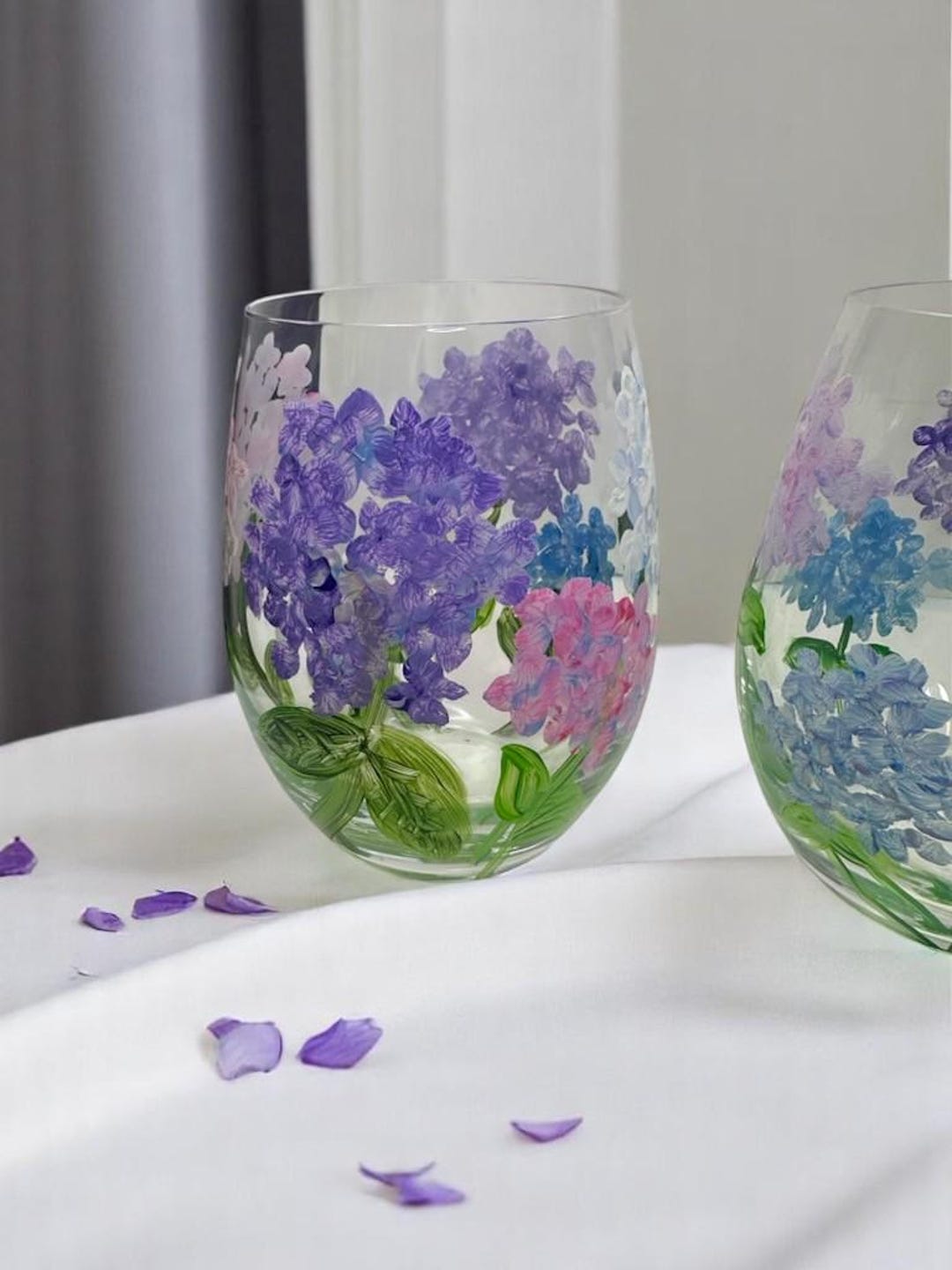 Hydrangea Hand Painted Stemless Wine Glass Set of Two Fifteen Ounce ...