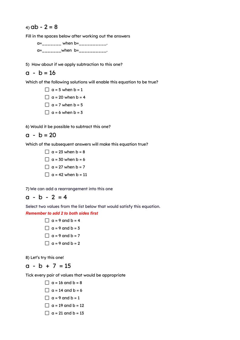 Pack of 7 Math Worksheets Solving Simple Equations Algebra Activity ...
