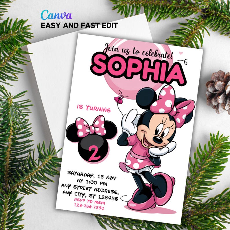 Editable Minnie Mouse Birthday Invitation, Minnie Mouse Birthday, 1st ...