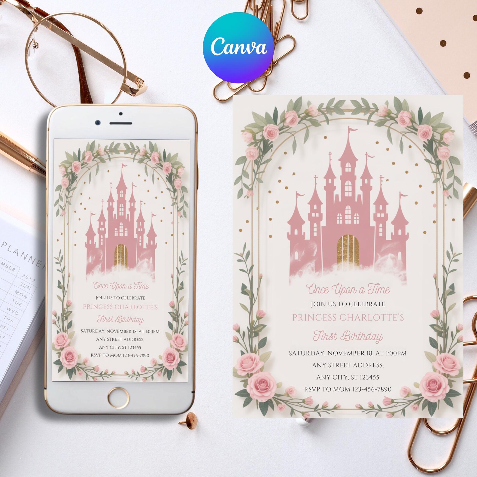 Pink Princess Birthday Party Invitation, Editable Canva Template ...