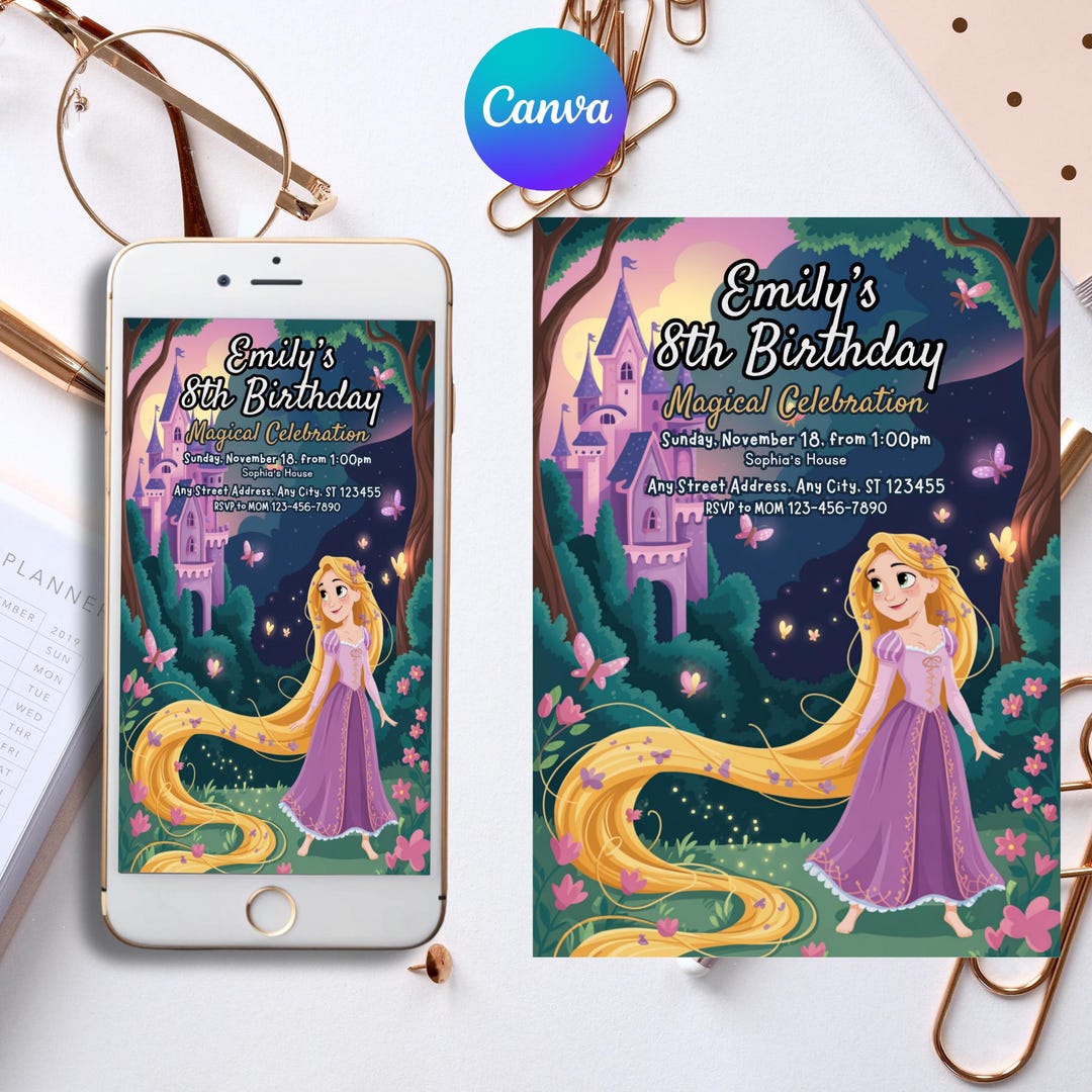 Editable Rapunzel Birthday Invitation, Princess Birthday Invitation ...