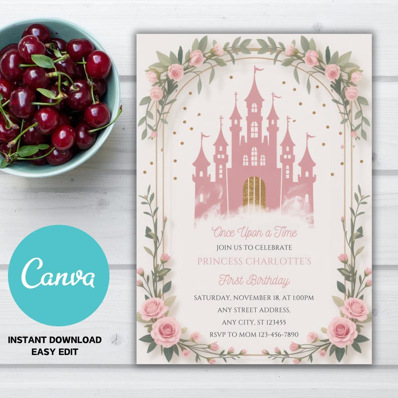Pink Princess Birthday Party Invitation, Editable Canva Template ...