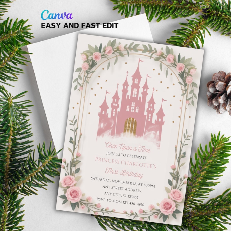 Pink Princess Birthday Party Invitation, Editable Canva Template ...