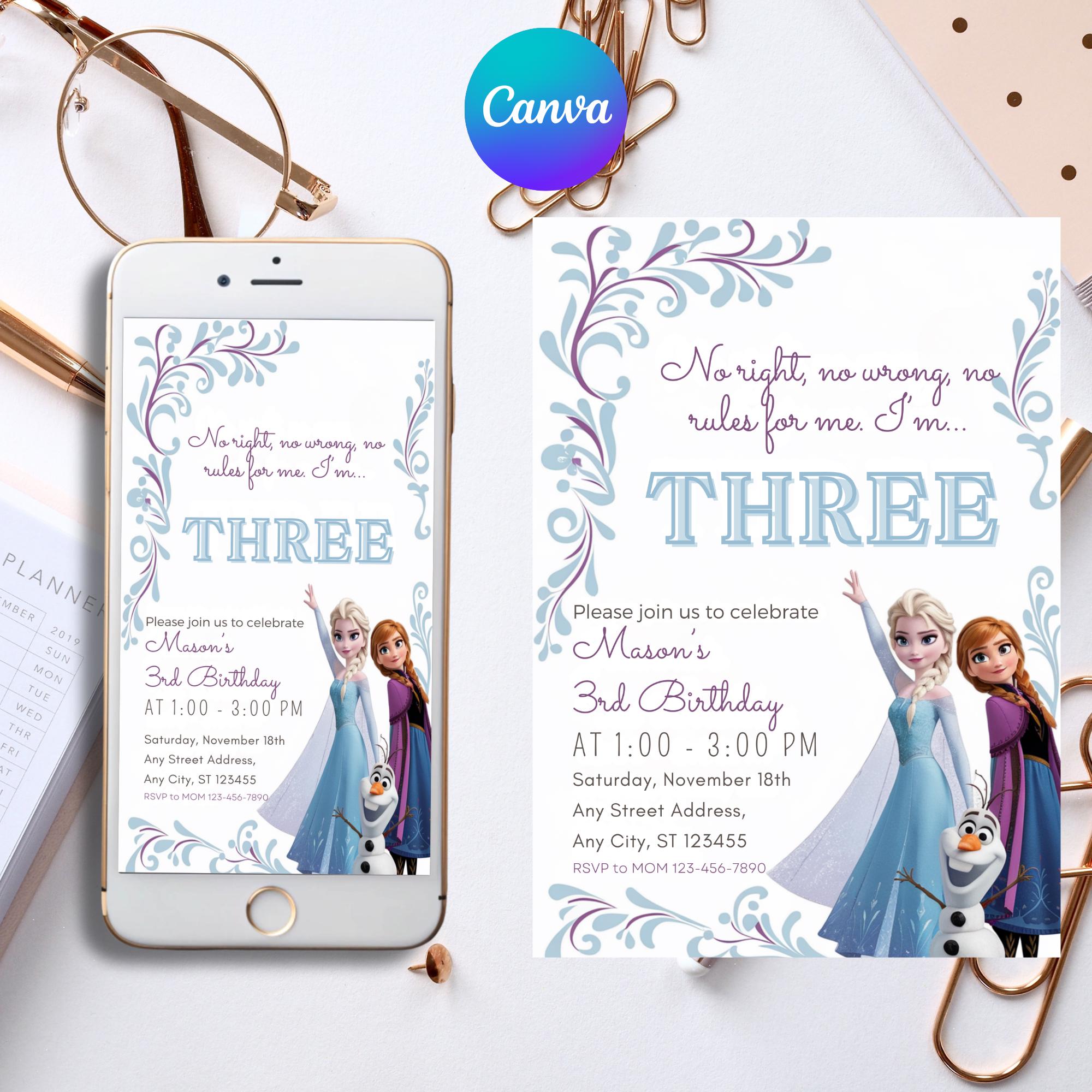 Editable Elsa Invite Digital, Frozen Party Invitation, Custom Frozen ...