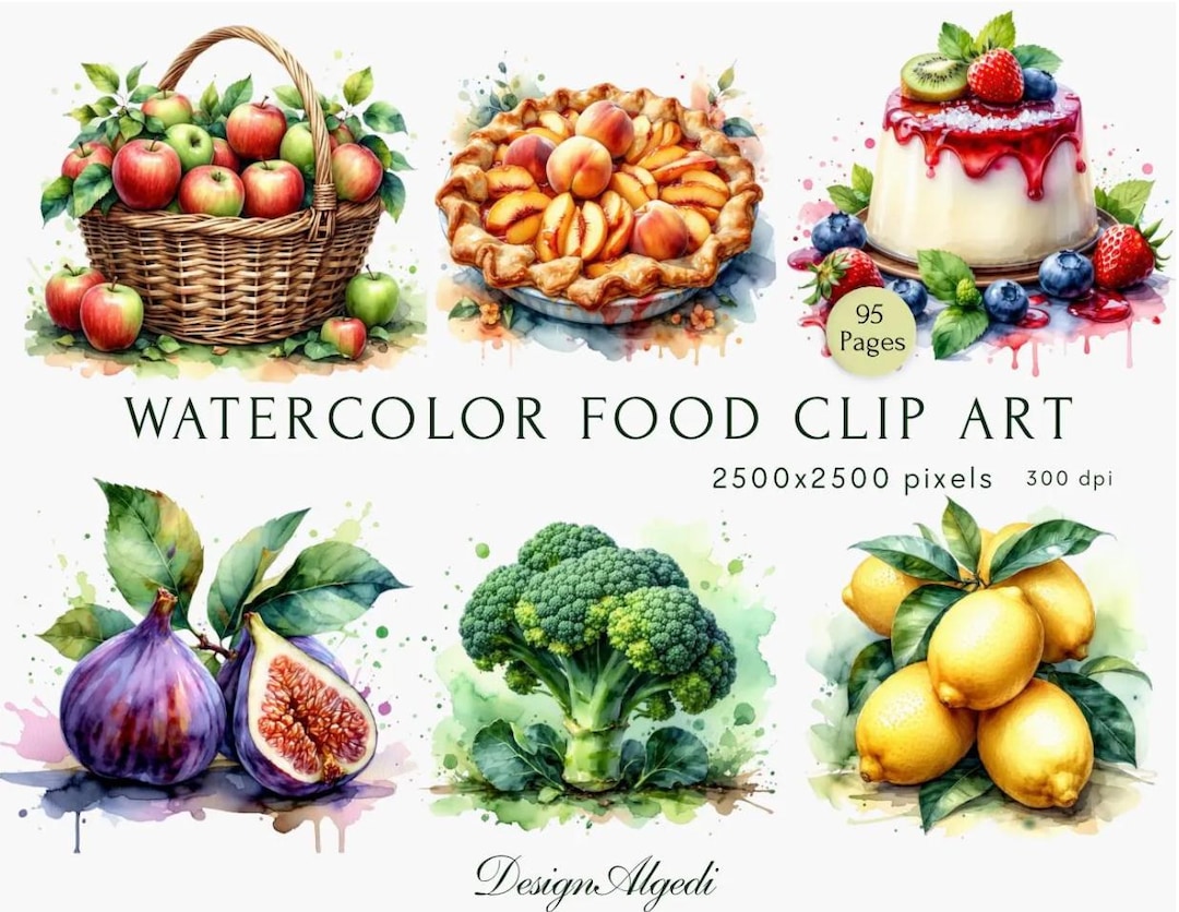 Food Watercolor Clipart, 95 Pages, Clipart Fruits and Vegetables ...