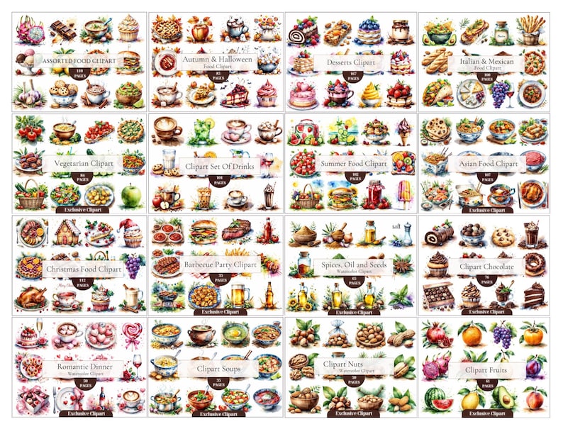 Watercolor Food Clip Art 2300+ Illustrations, Food Mega Bundle Clipart ...