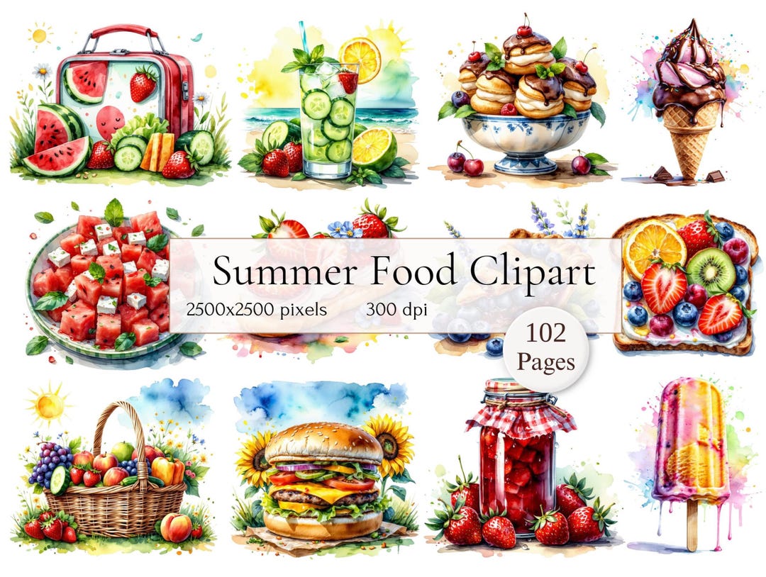 Summer Food Clipart: Fruits, Ice Cream, Drinks Pngs (digital Download ...