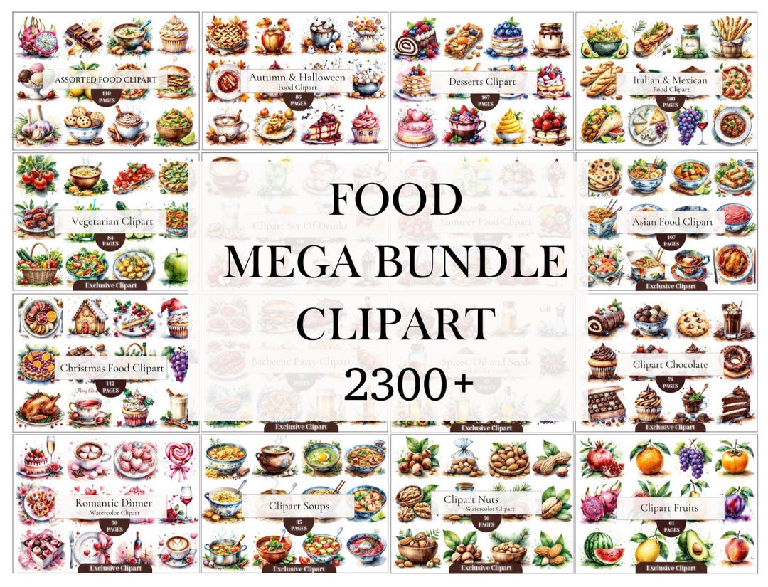 Watercolor Food Clip Art 2300+ Illustrations, Food Mega Bundle Clipart ...