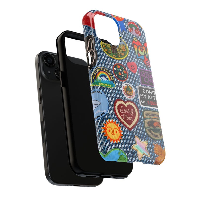 Y2K Denim Patchwork Phone Case | Indie Sticker Collage, Dual Layer ...