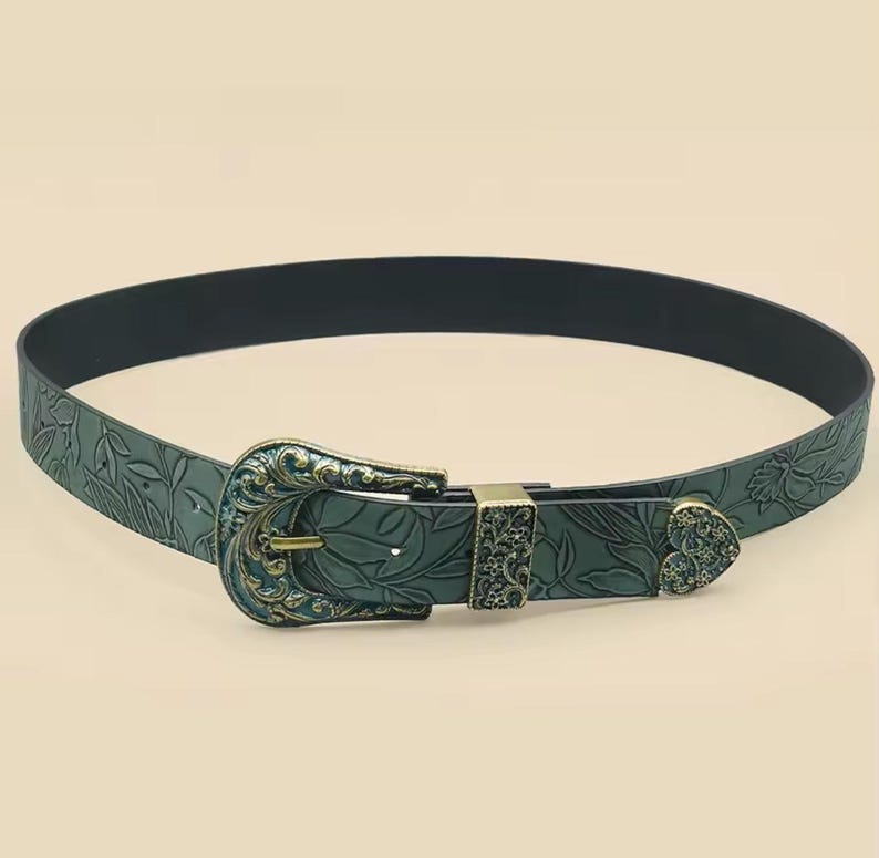 Vintage Dark Color Carved Women's Belt With Leaf Print, Versatile for ...