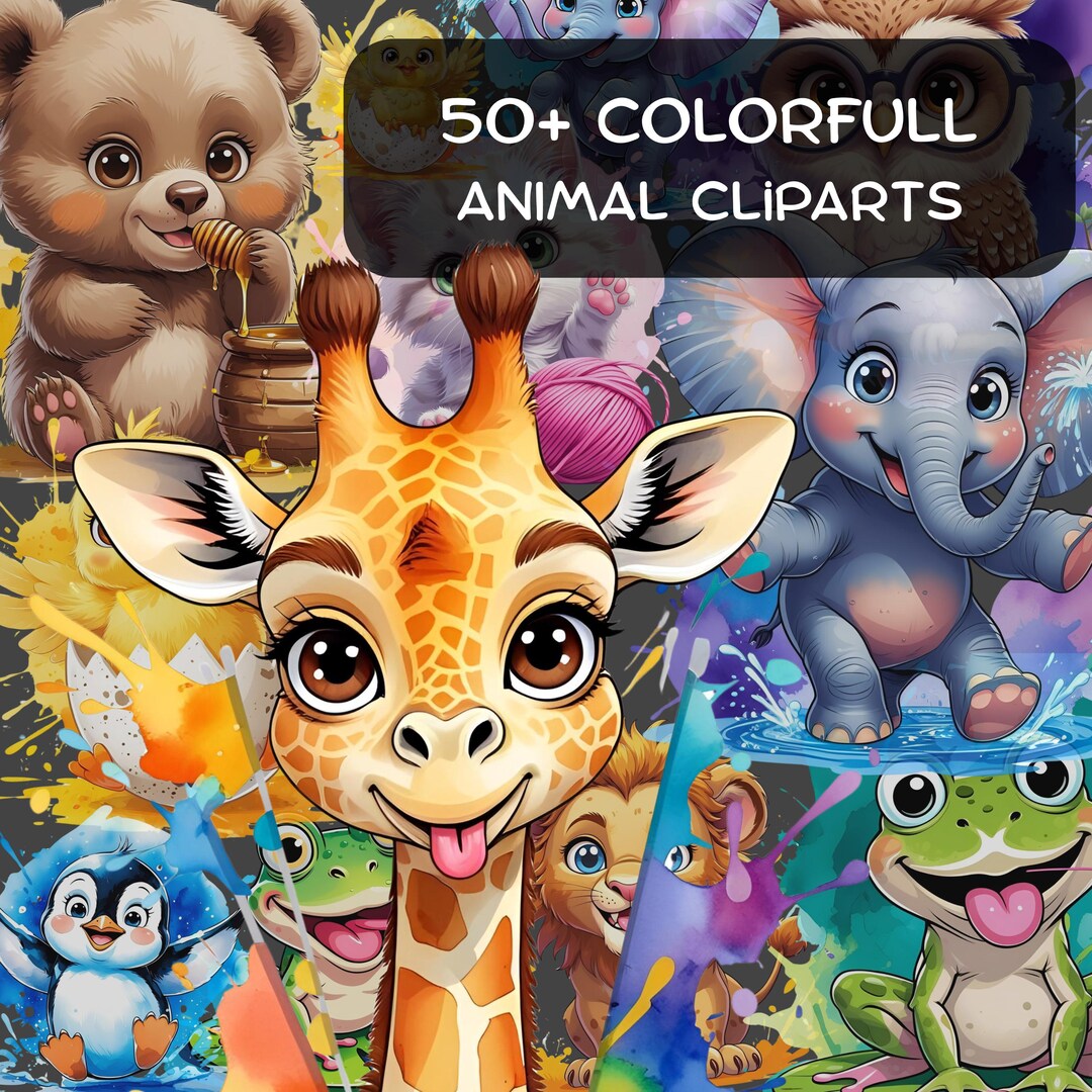 50+ Cute Animal Clipart Bundle | Colorful Baby Animal Pngs | Cartoon ...