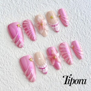 Pink Shell Press on Nails, 3D Flower Pastel Nails, Handmade Summer Fake ...