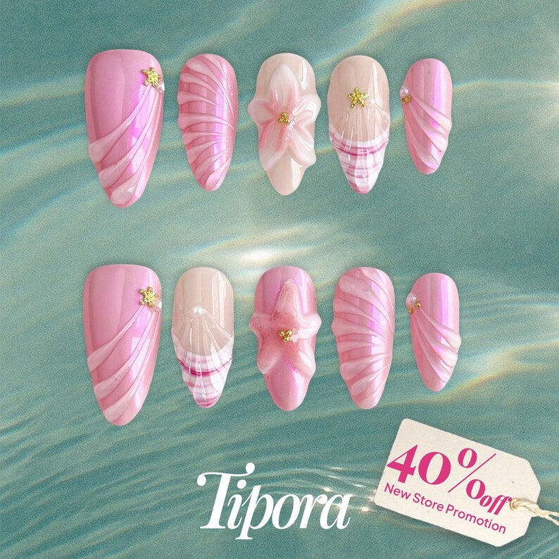 Pink Shell Press on Nails, 3D Flower Pastel Nails, Handmade Summer Fake ...