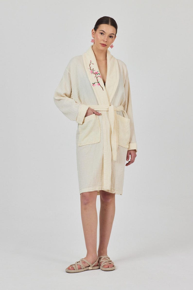 Spring Embroidered Muslin Kimono Robe: Lightweight Cotton Terry Trim - Etsy