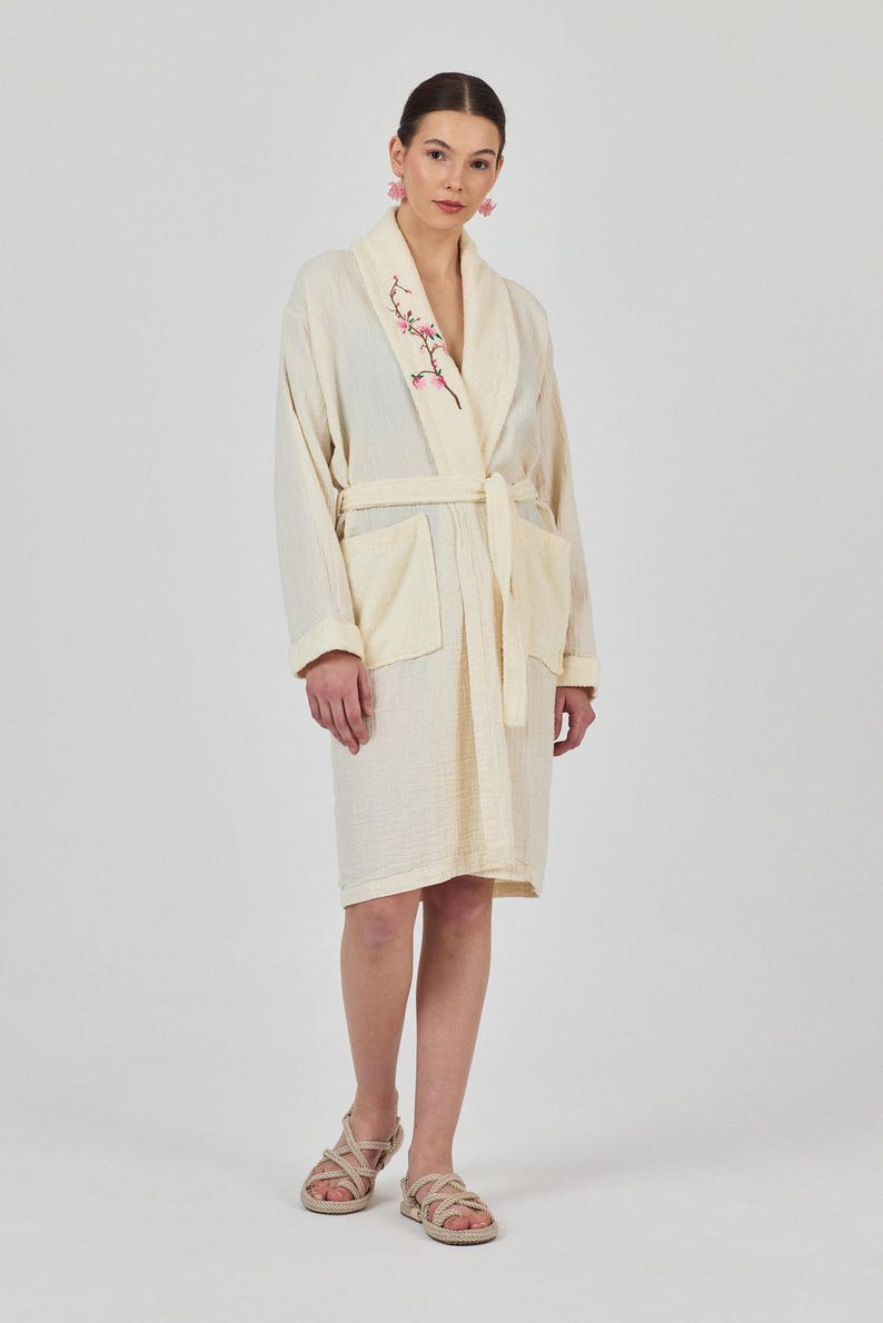 Spring Embroidered Muslin Kimono Robe: Lightweight Cotton Terry Trim - Etsy