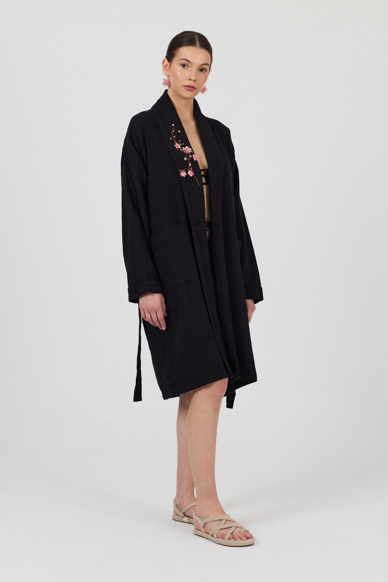 Black Muslin Kimono Robe With Cherry Blossom Embroidery – Cozy Spa ...