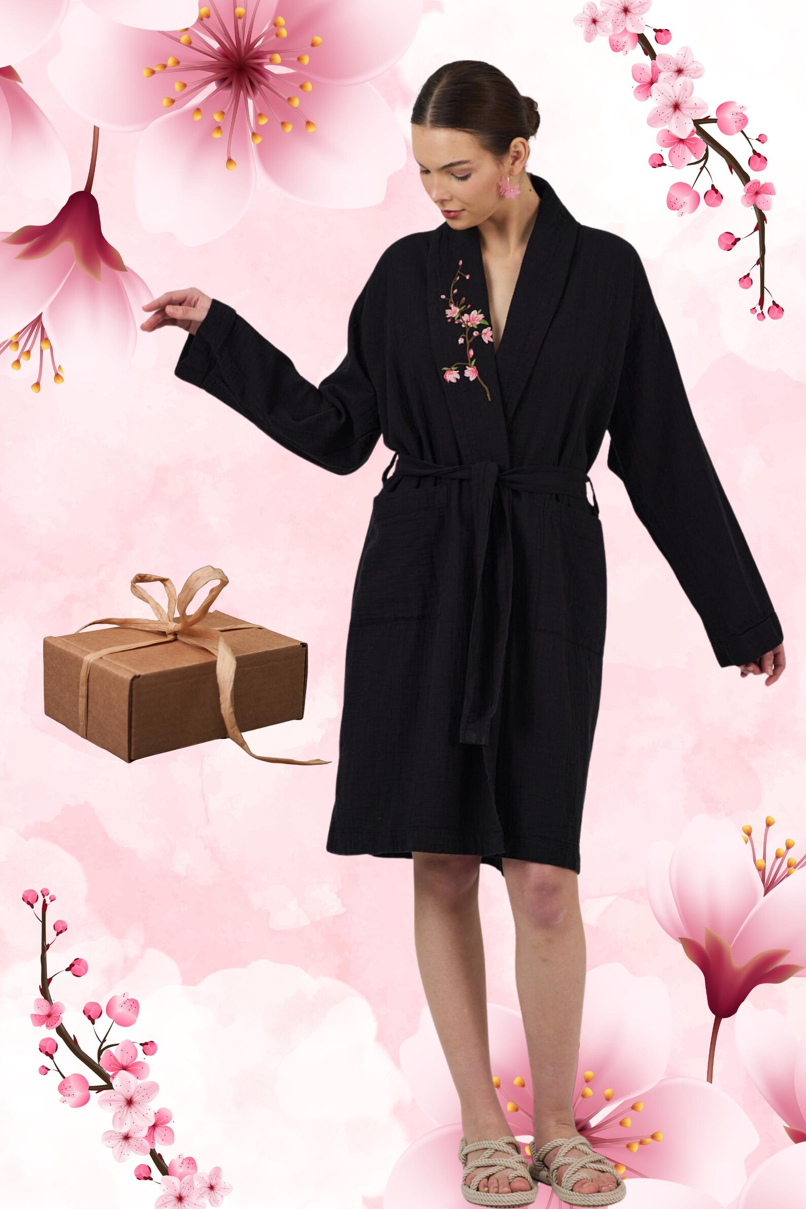 Black Muslin Kimono Robe With Cherry Blossom Embroidery – Cozy Spa ...