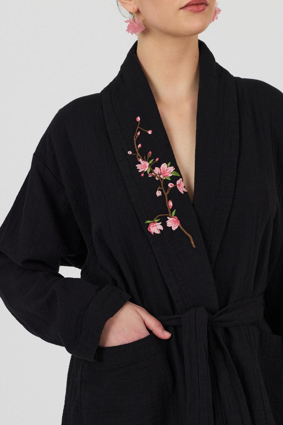 Black Muslin Kimono Robe With Cherry Blossom Embroidery – Cozy Spa ...